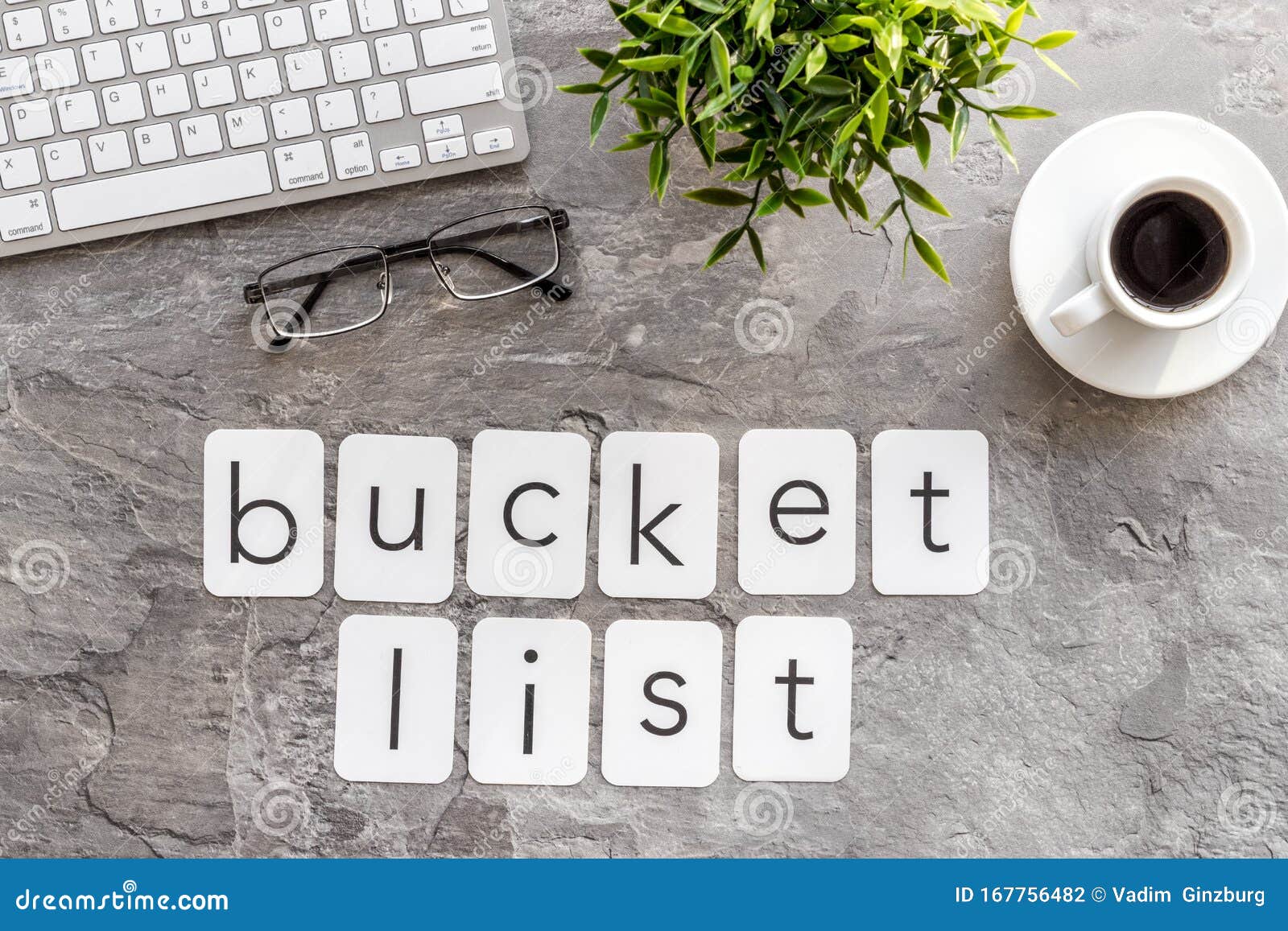 Bucket List. Text on Grey Office Desk Top-down Stock Photo - Image of ...