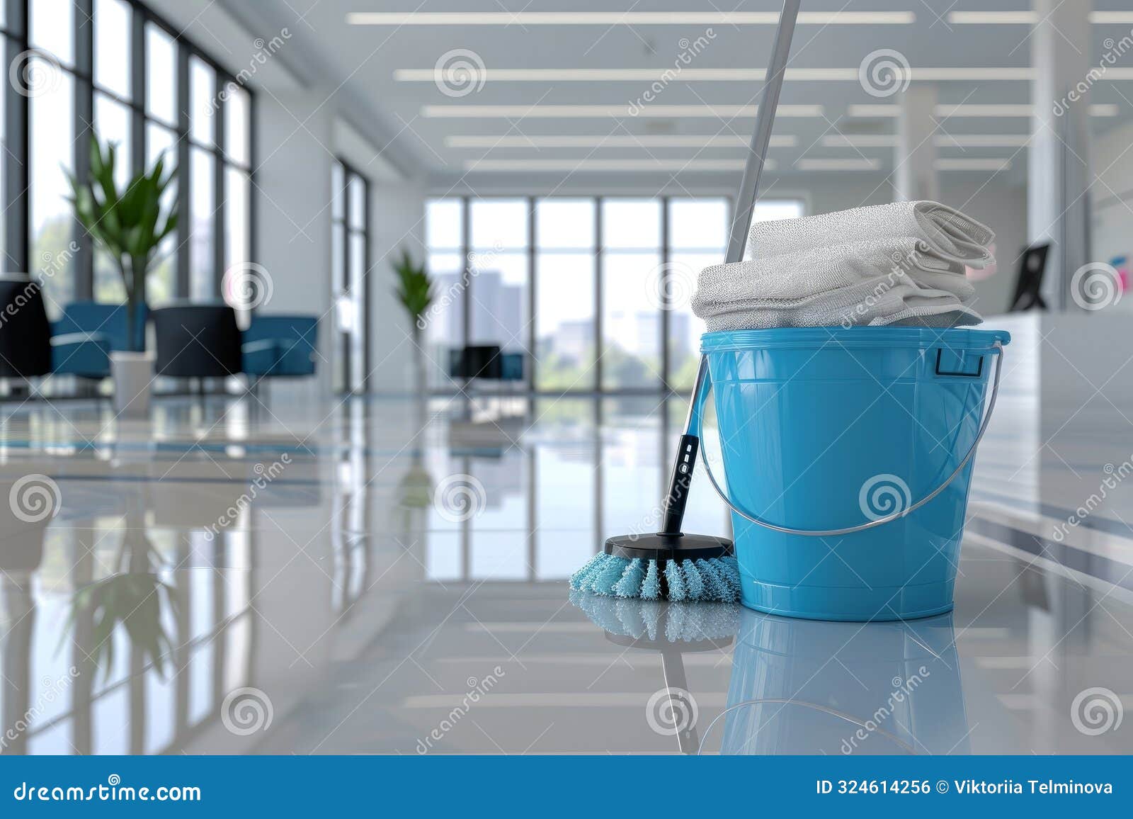 A Bucket with a Mop on the Floor in an Empty Office. Stock Photo ...