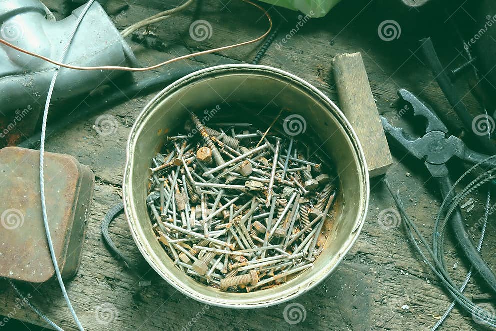 Bucket of Nails on the Old Workbench Stock Image - Image of ...