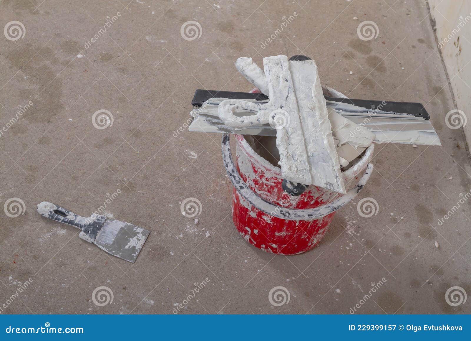 Bucket with Putty and Spatula for Wall Putty Stock Image - Image of ...