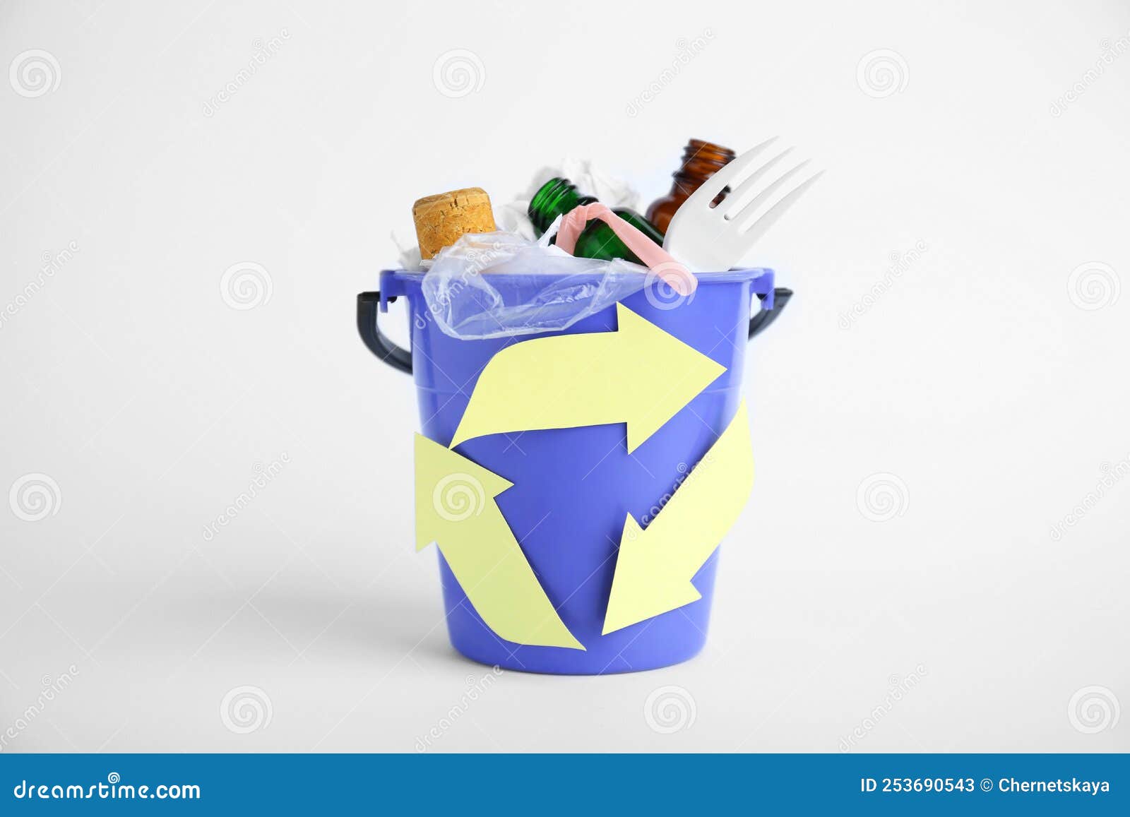 Bucket with Recycling Symbol Full of Garbage on White Background Stock ...