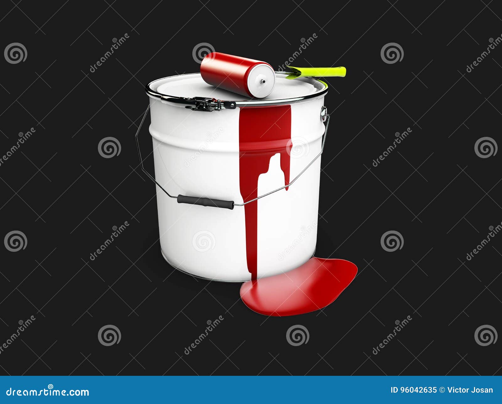 Bucket of Red Paint with the Roller, 3d Illustration Stock Image ...