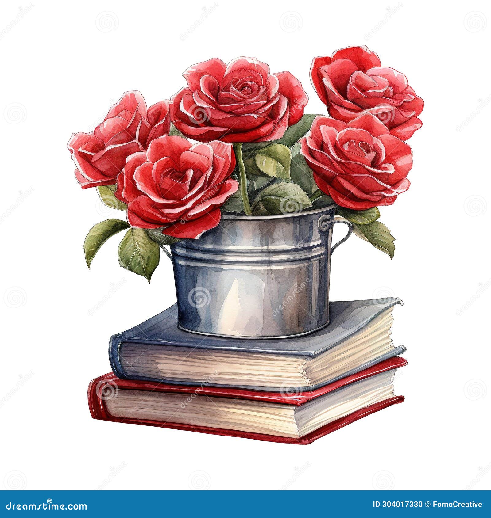 Bucket of Red Roses on a Stack of Books Stock Photo - Illustration of ...