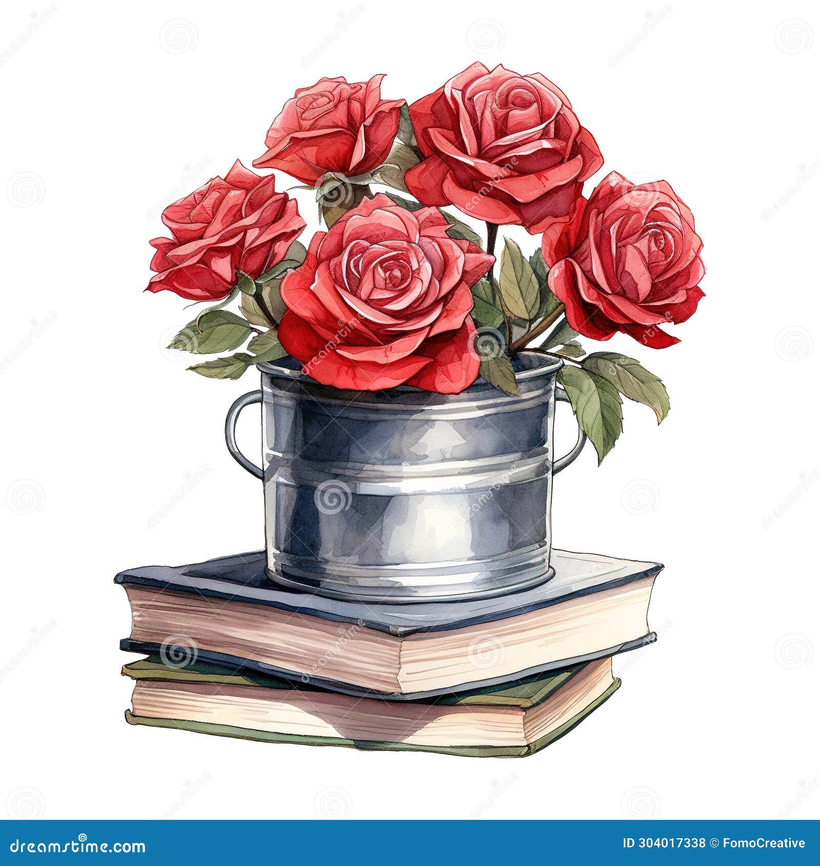 Bucket of Red Roses on a Stack of Books Stock Photo - Illustration of ...