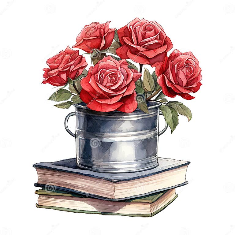Bucket of Red Roses on a Stack of Books Stock Photo - Illustration of ...
