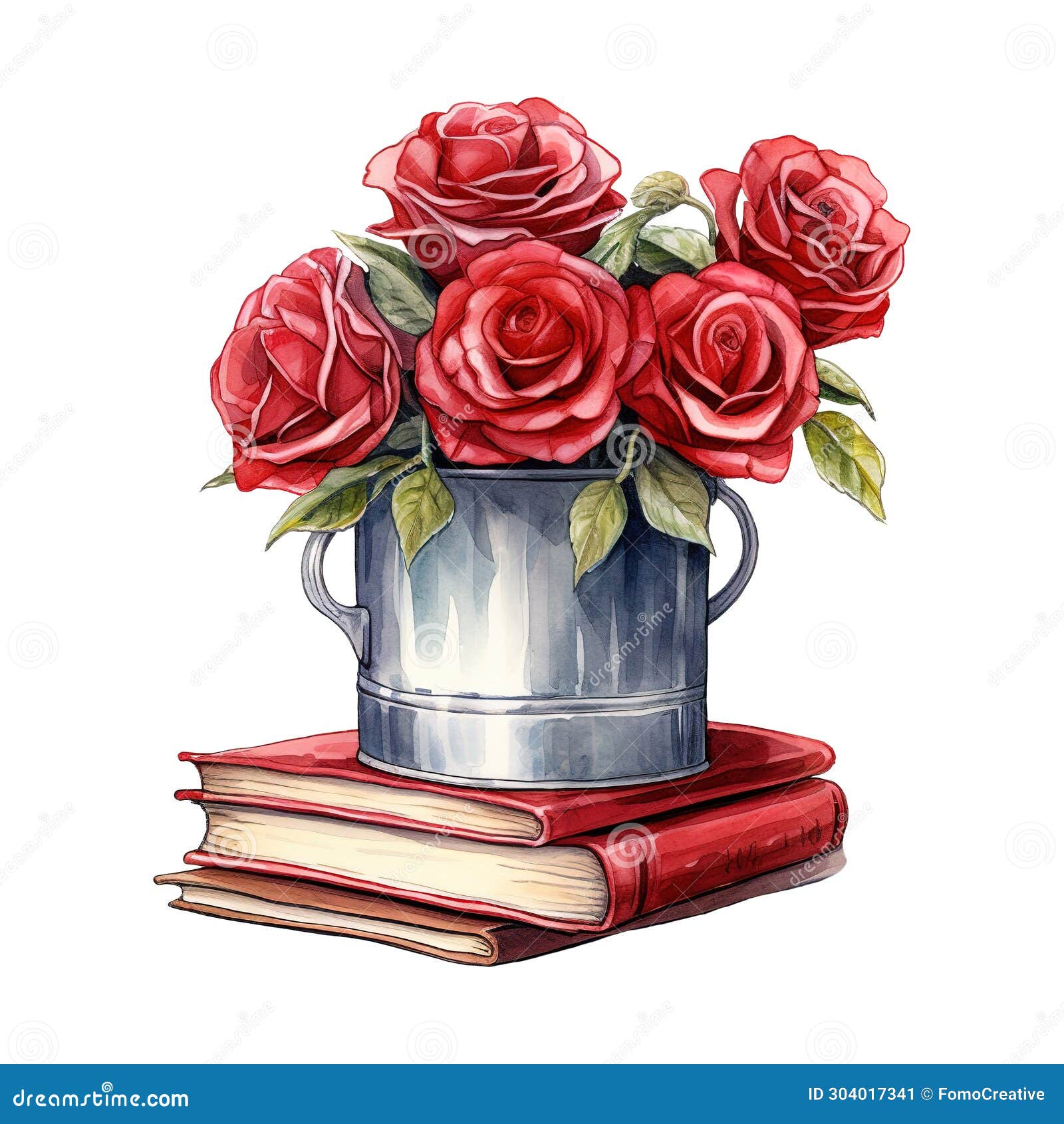 Bucket of Red Roses on a Stack of Books Stock Illustration ...