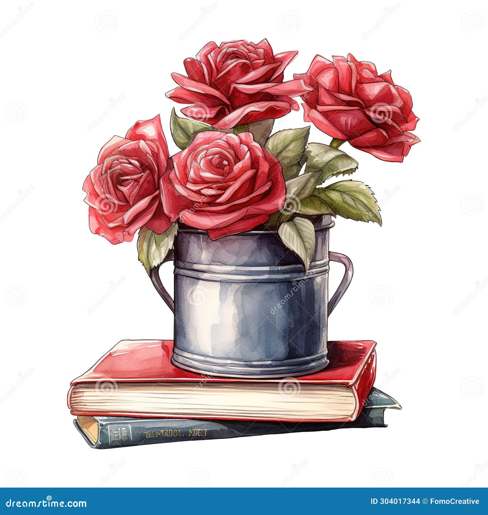 Bucket of Red Roses on a Stack of Books Stock Illustration ...