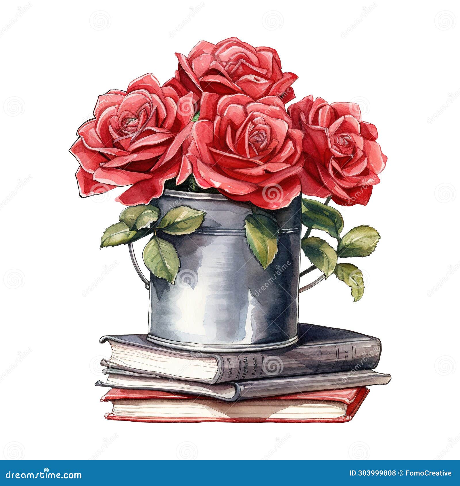 Bucket of Red Roses on a Stack of Books Stock Photo - Illustration of ...