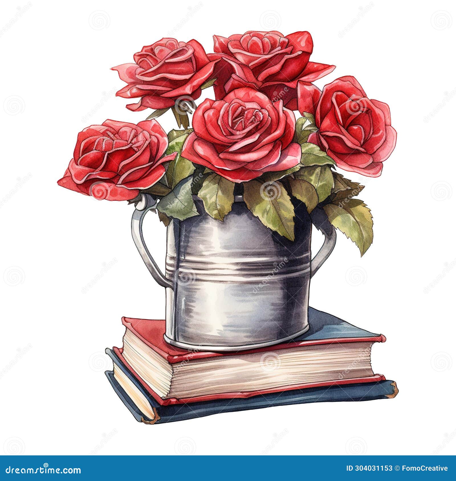 Bucket of Red Roses on a Stack of Books Stock Image - Illustration of ...
