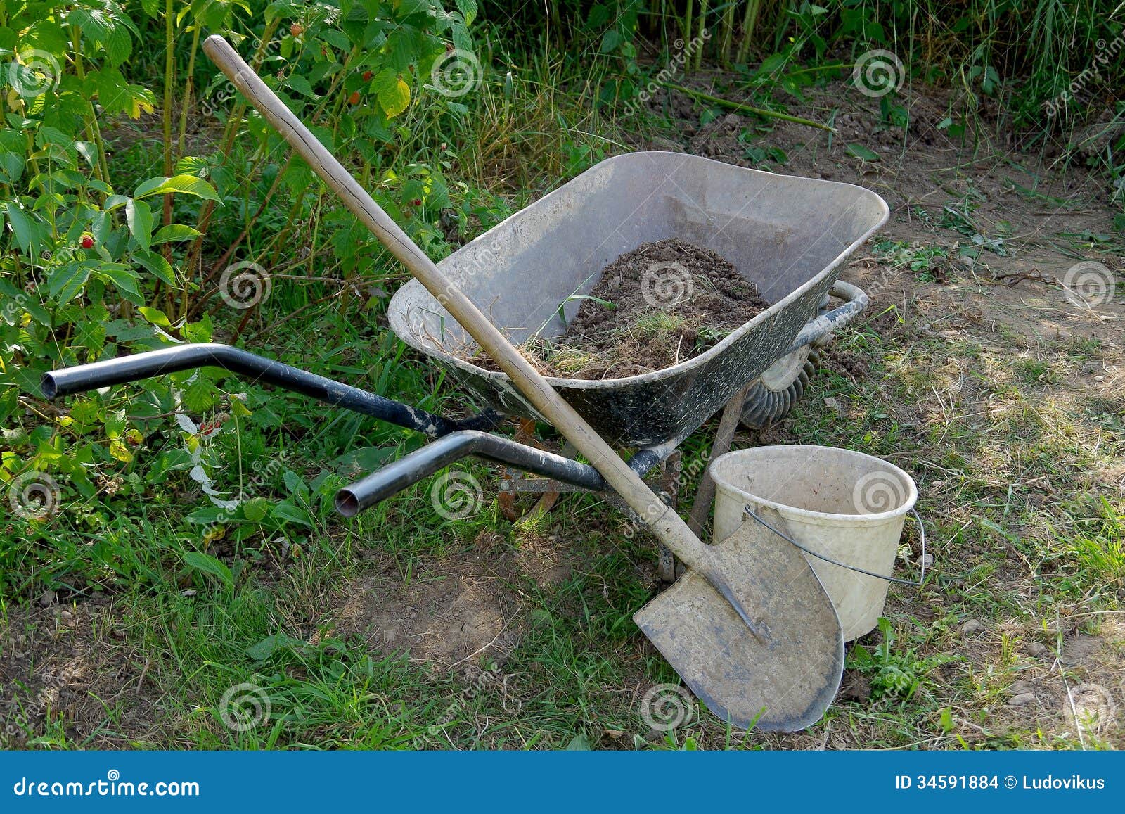 Bucket, Shovel and Wheelbarrow Stock Photo - Image of garden, summer ...