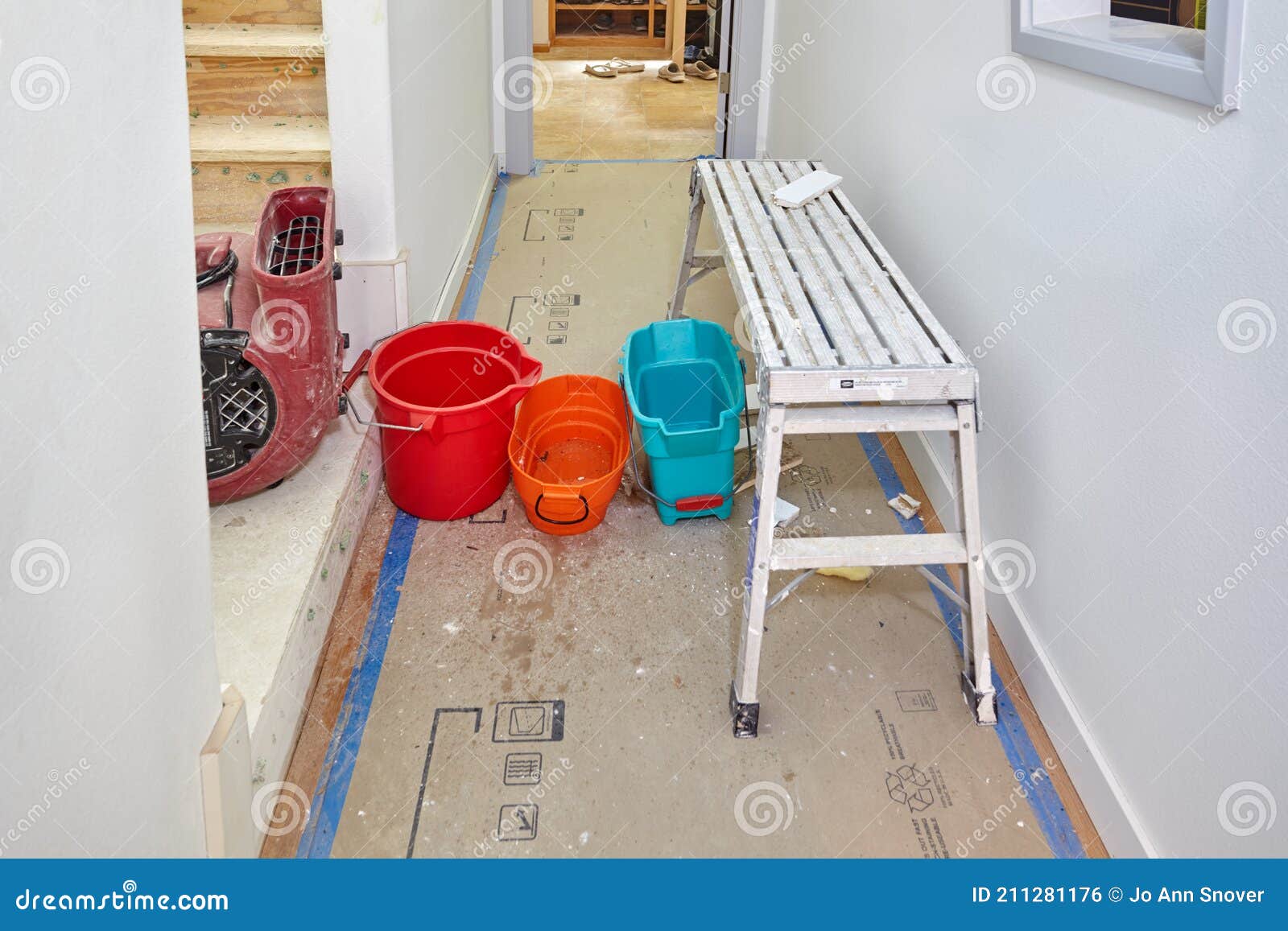 Buckets Catch Drips from Leak Stock Photo - Image of leak, mess: 211281176