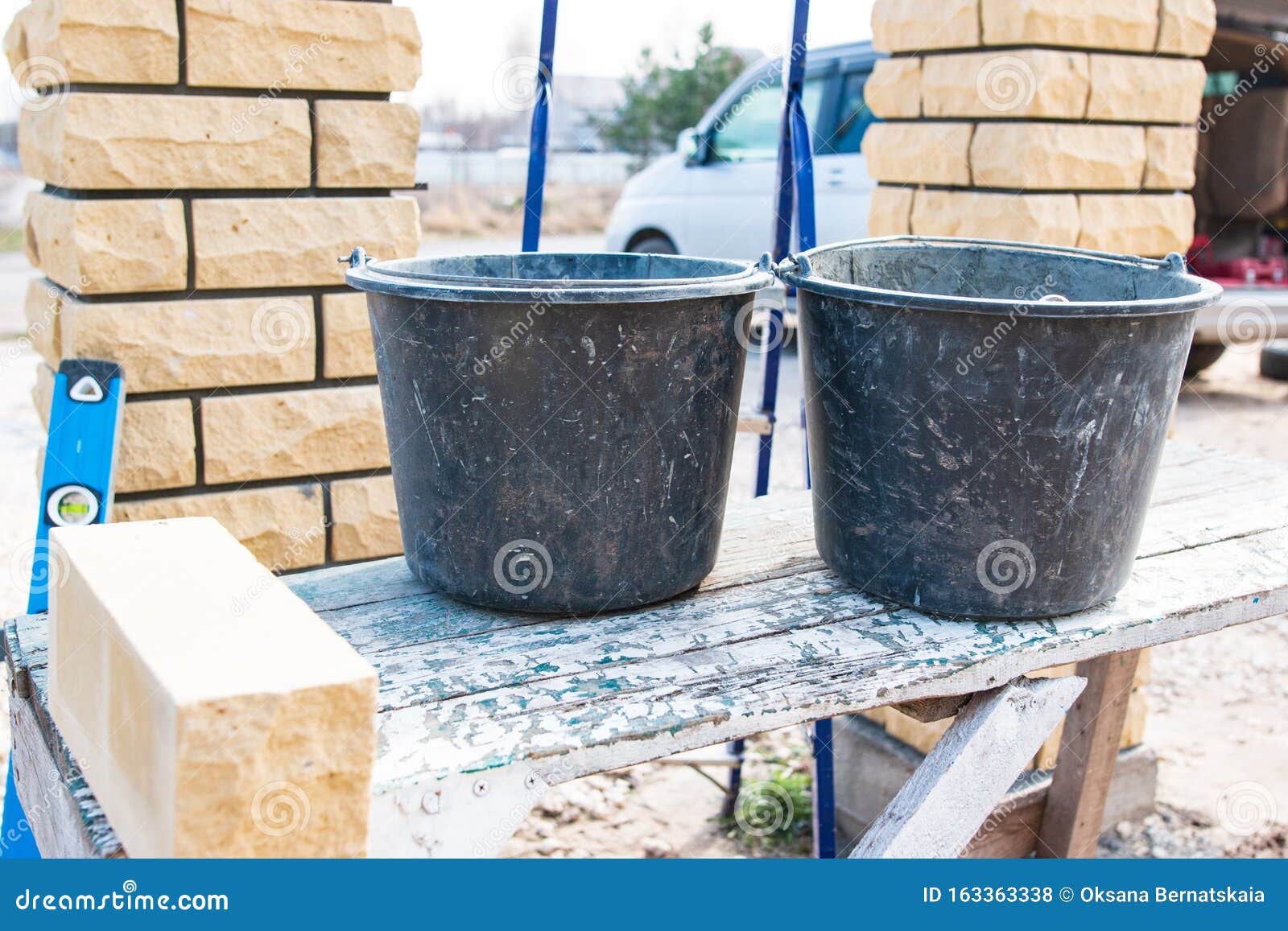 Buckets for Construction Work at a Construction Site Stock Photo ...