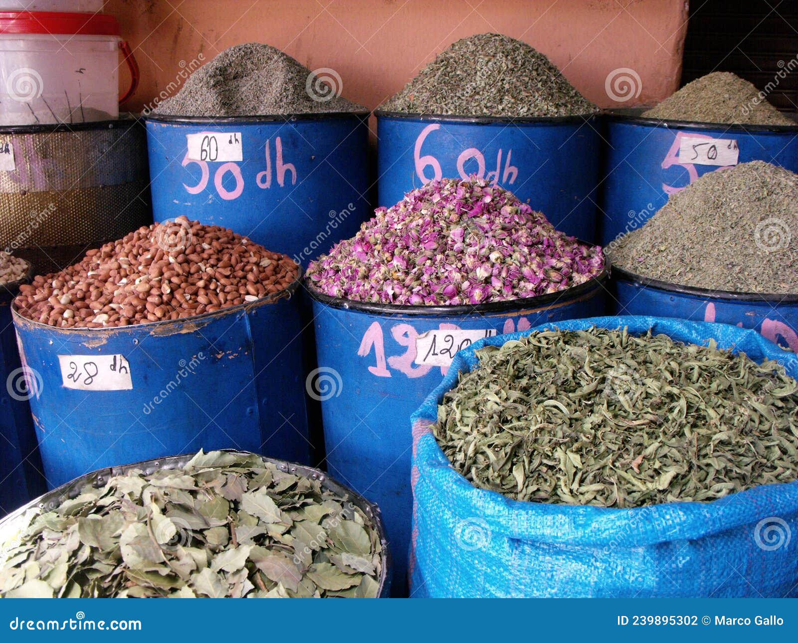 Buckets with Different Spices in a Shop in Marrakech. Morocco Stock ...