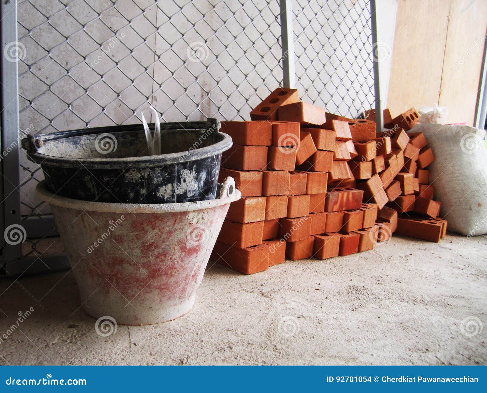 Buckets and Red Bricks Prepare for Construction Stock Photo - Image of ...