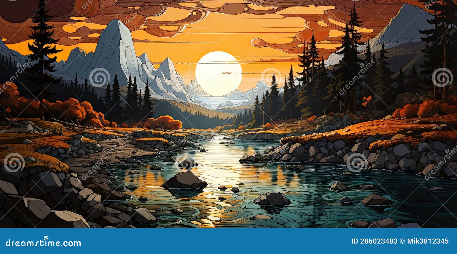 Bucolic Landscape Illustration Art. Stock Illustration - Illustration ...