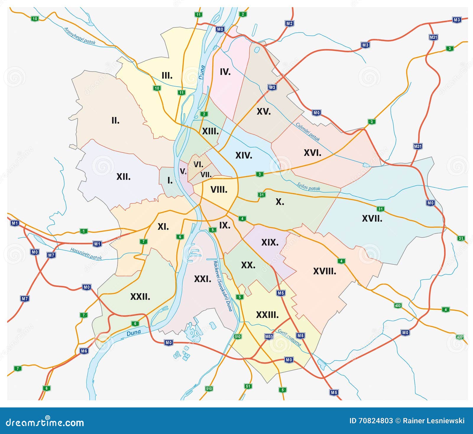 Budapest Administrative and Road Map Stock Illustration - Illustration ...