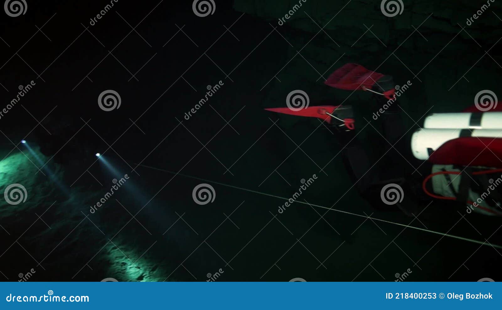 Technical Diver in Red Flippers in the Underwater Cave of Budapest ...