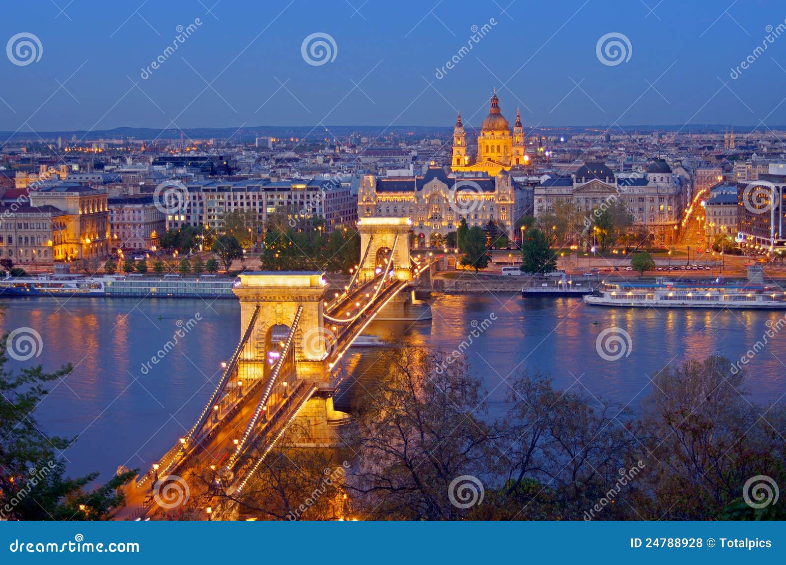 Budapest Chain Bridge Skyline Stock Photo - Image of lights, sights ...