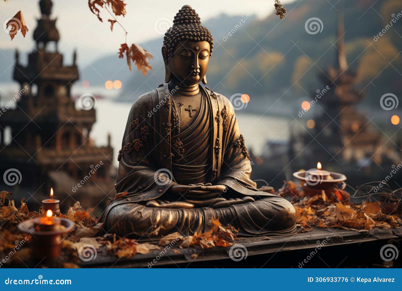 Buddha Amidst Autumn Leaves Stock Illustration - Illustration of fallen ...