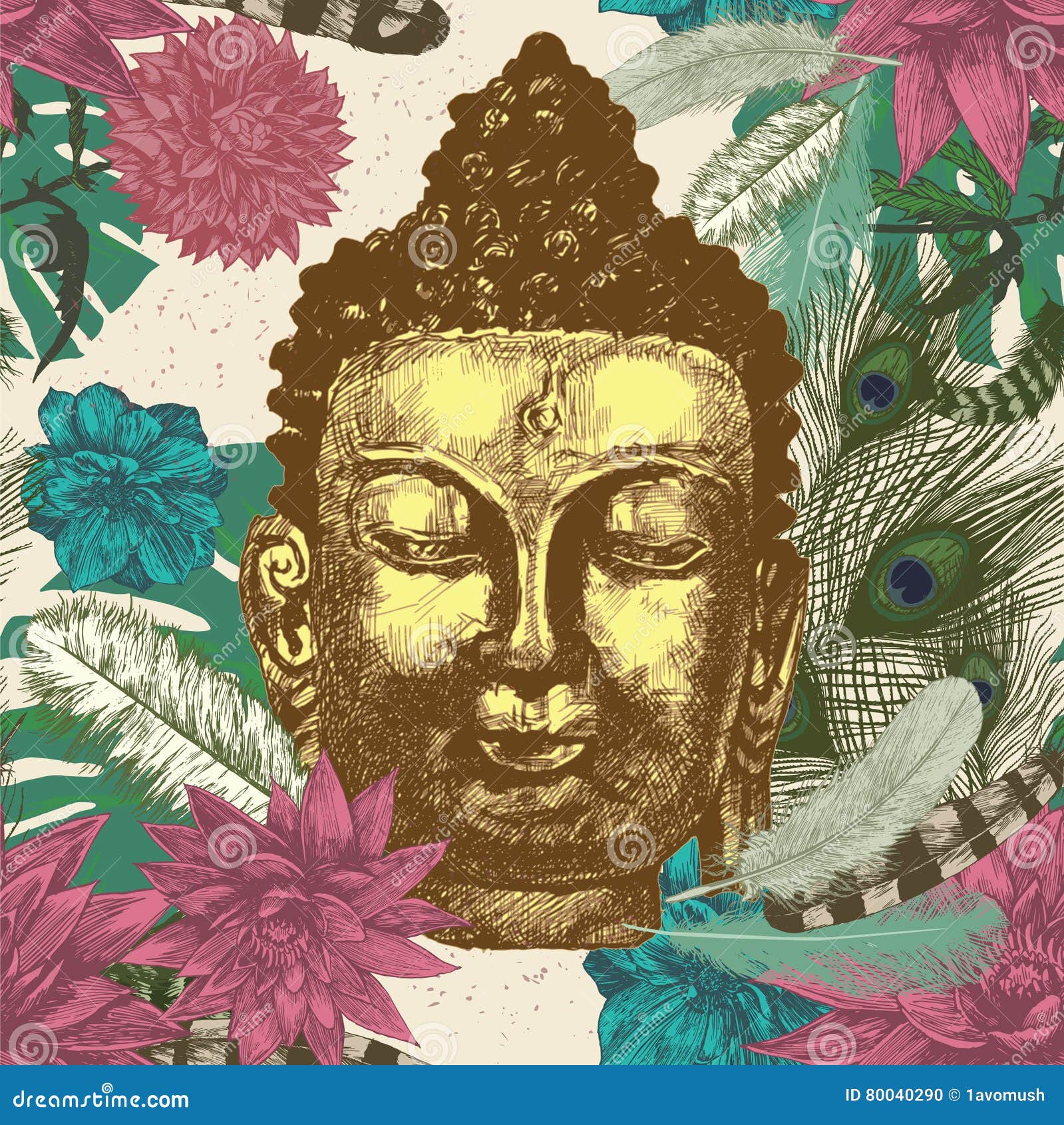 Buddha Head Seamless Pattern. Hand Drawn Vector. Stock Vector ...