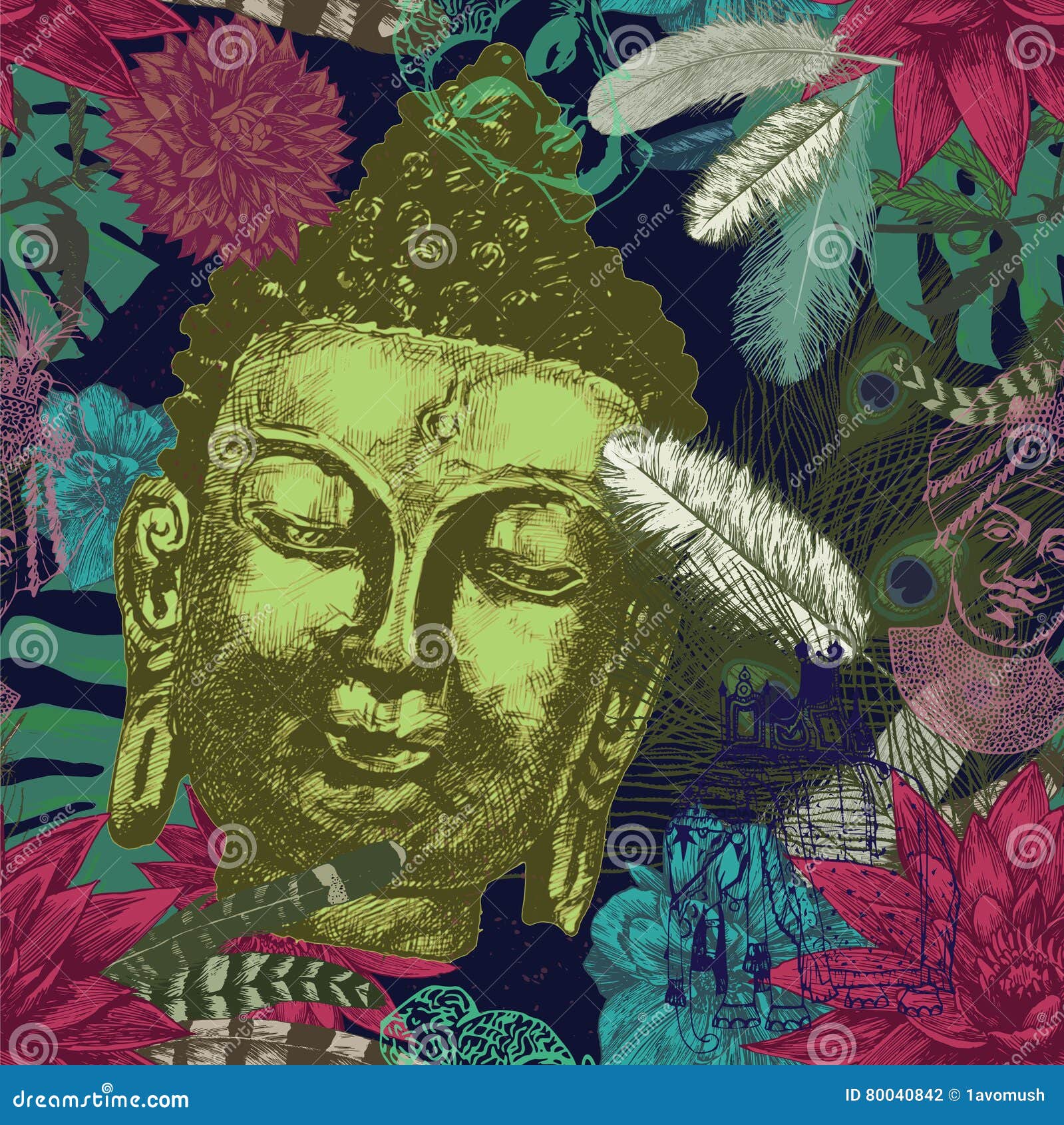 Buddha Head Seamless Pattern. Hand Drawn Vector. Stock Vector ...