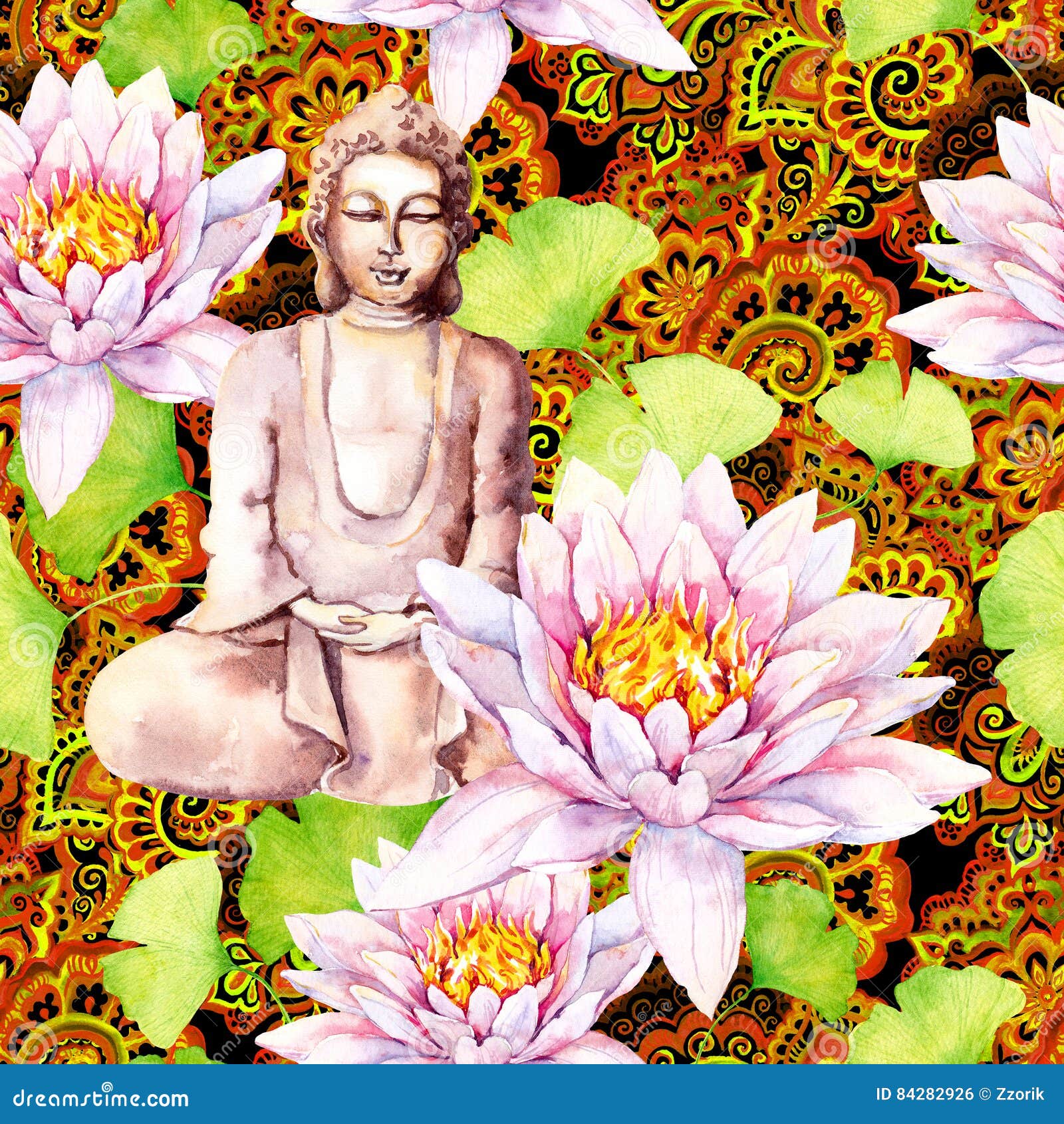Buddha with Lotus, Leaves, Decorative Design. Seamless Pattern ...