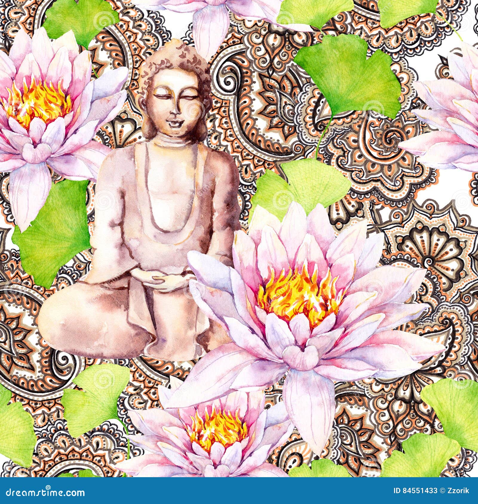 Buddha with Lotus, Leaves, Decorative Design. Seamless Pattern ...
