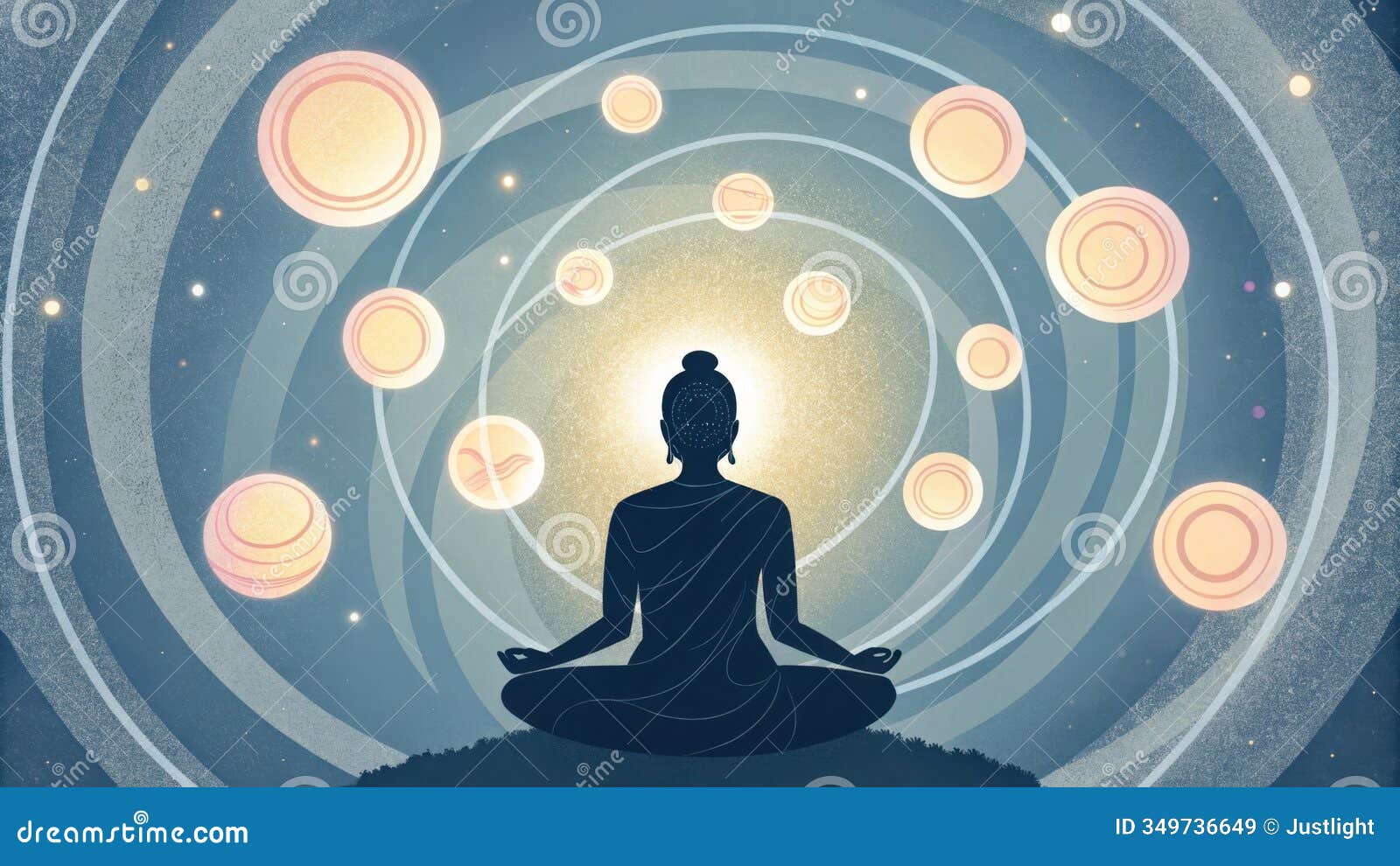 Buddha Meditating Under a Celestial Vortex with Planets and Stars Stock ...