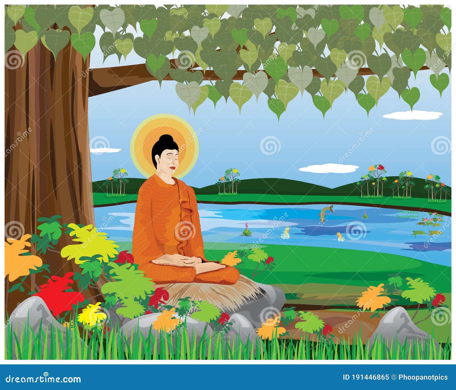 Buddha Meditation Under the Tree Vector Design,in Front of the River ...