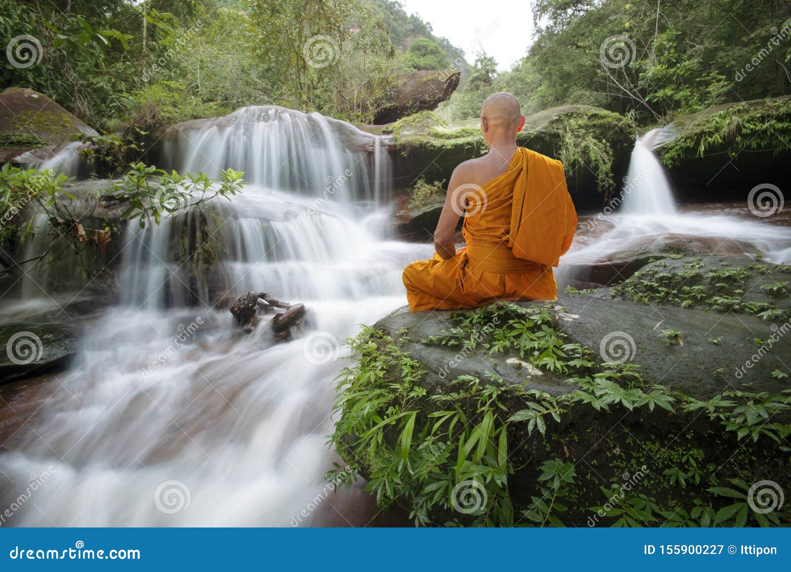 Buddha Monk Practice Meditation at Waterfall Editorial Photography ...