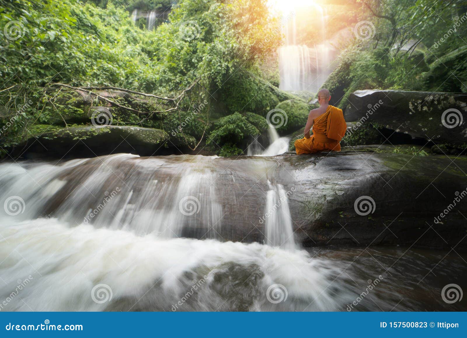 Buddha Monk Practice Meditation at Waterfall Editorial Stock Photo ...