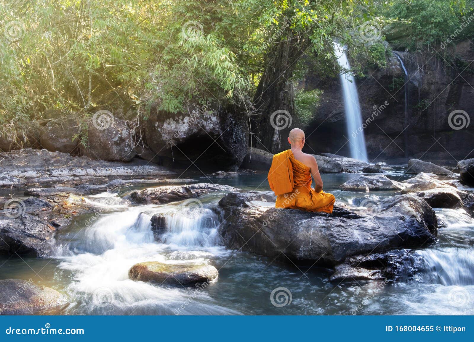Buddha Monk Practice Meditation At Waterfall Editorial Photo ...