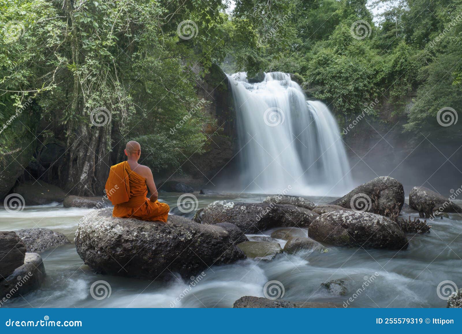 Buddha Monk Practice Meditation at Waterfall Stock Image - Image of ...