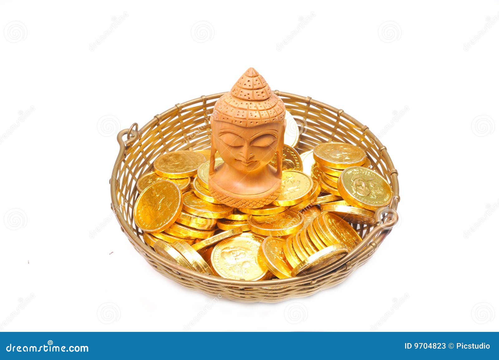 Buddha Statue on Gold Coins Stock Image - Image of metallic, full: 9704823