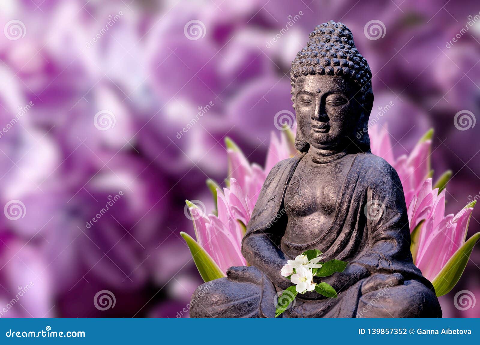 Buddha Statue Holds Apple Tree Flower in the Hands. Religious Theme ...