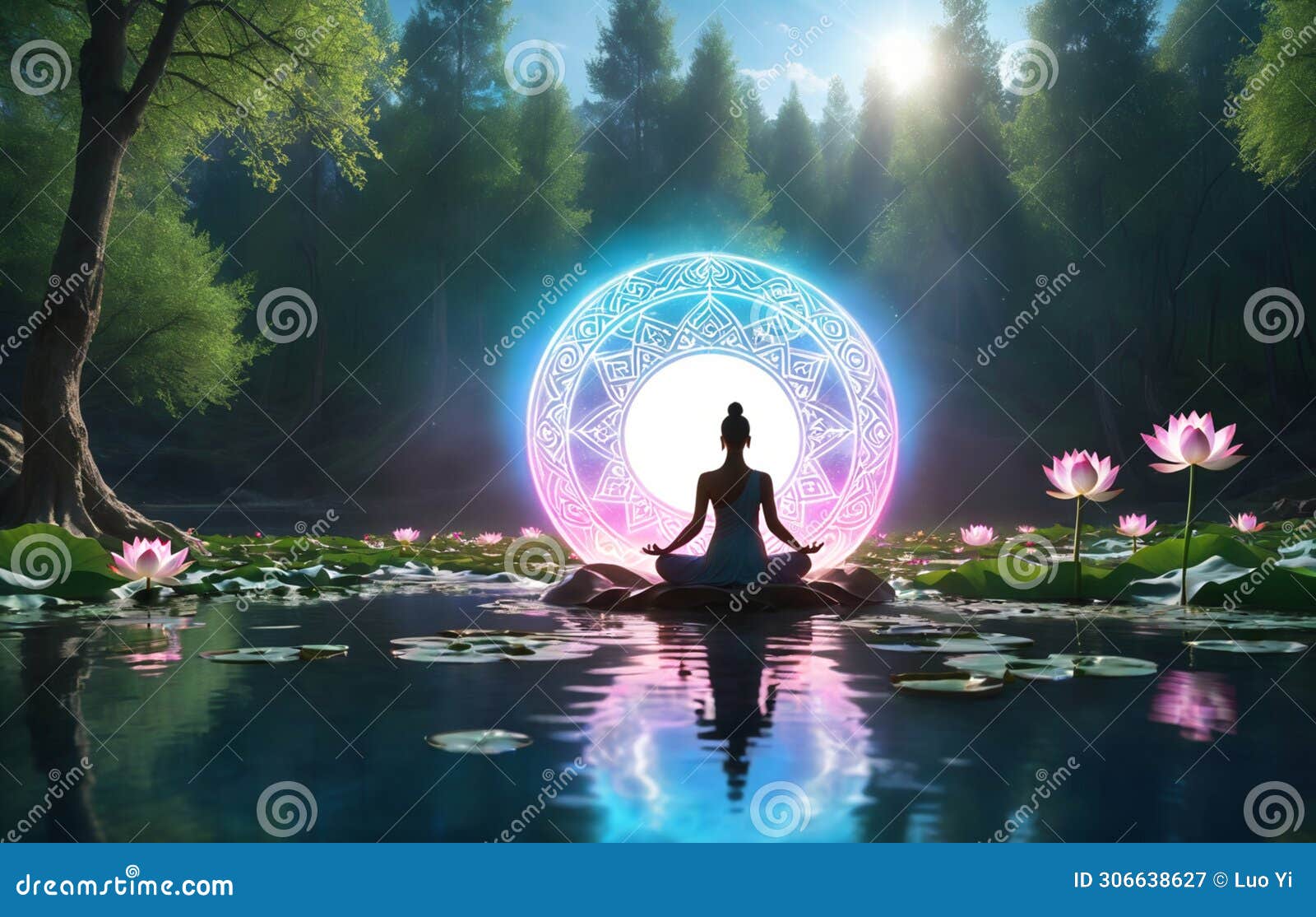 Buddha Statue in Lotus Pose Practicing Meditation in Spring Forest in ...