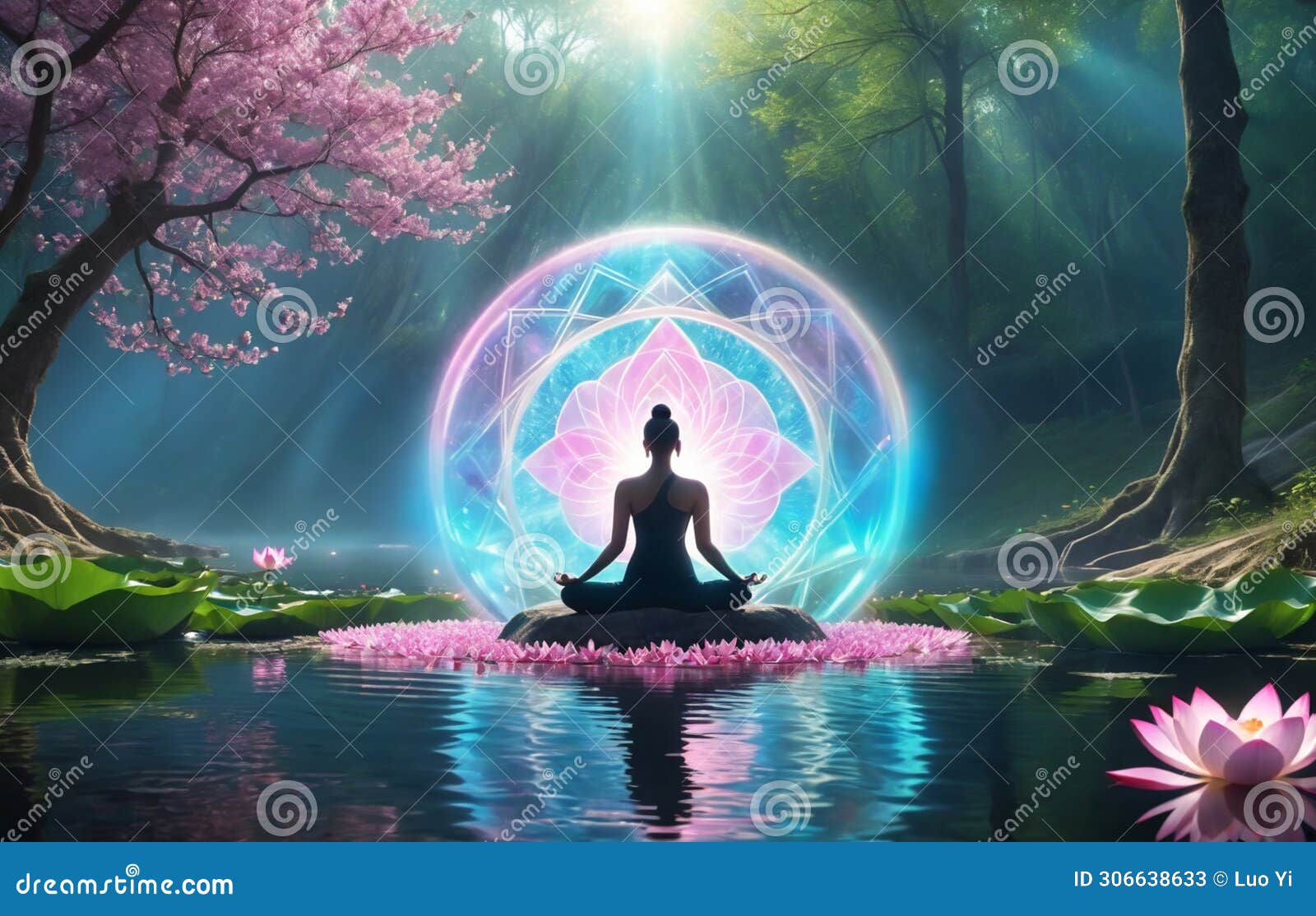 Buddha Statue in Lotus Pose Practicing Meditation in Spring Forest in ...