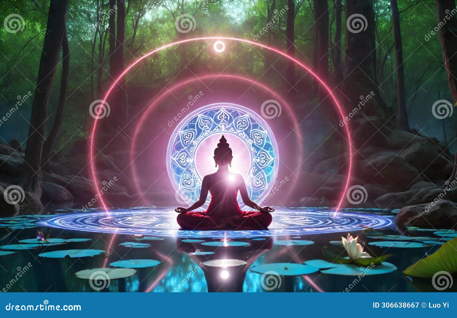 Buddha Statue in Lotus Pose Practicing Meditation in Spring Forest in ...