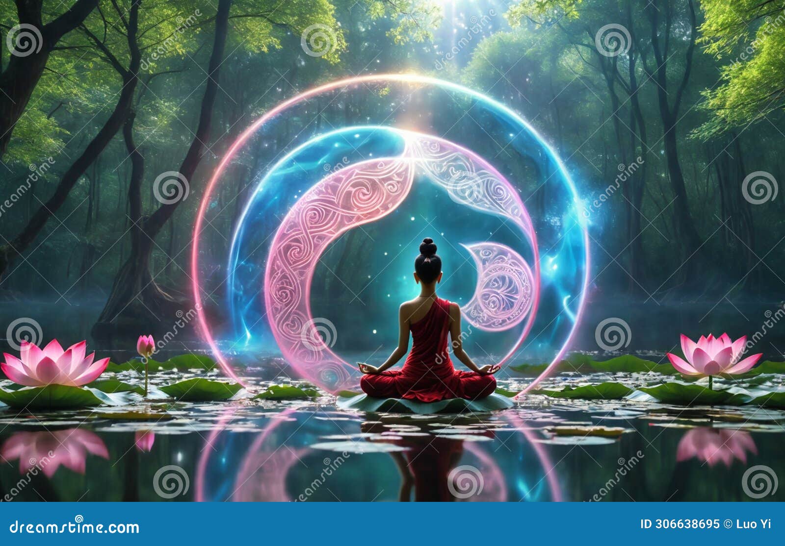 Buddha Statue in Lotus Pose Practicing Meditation in Spring Forest in ...