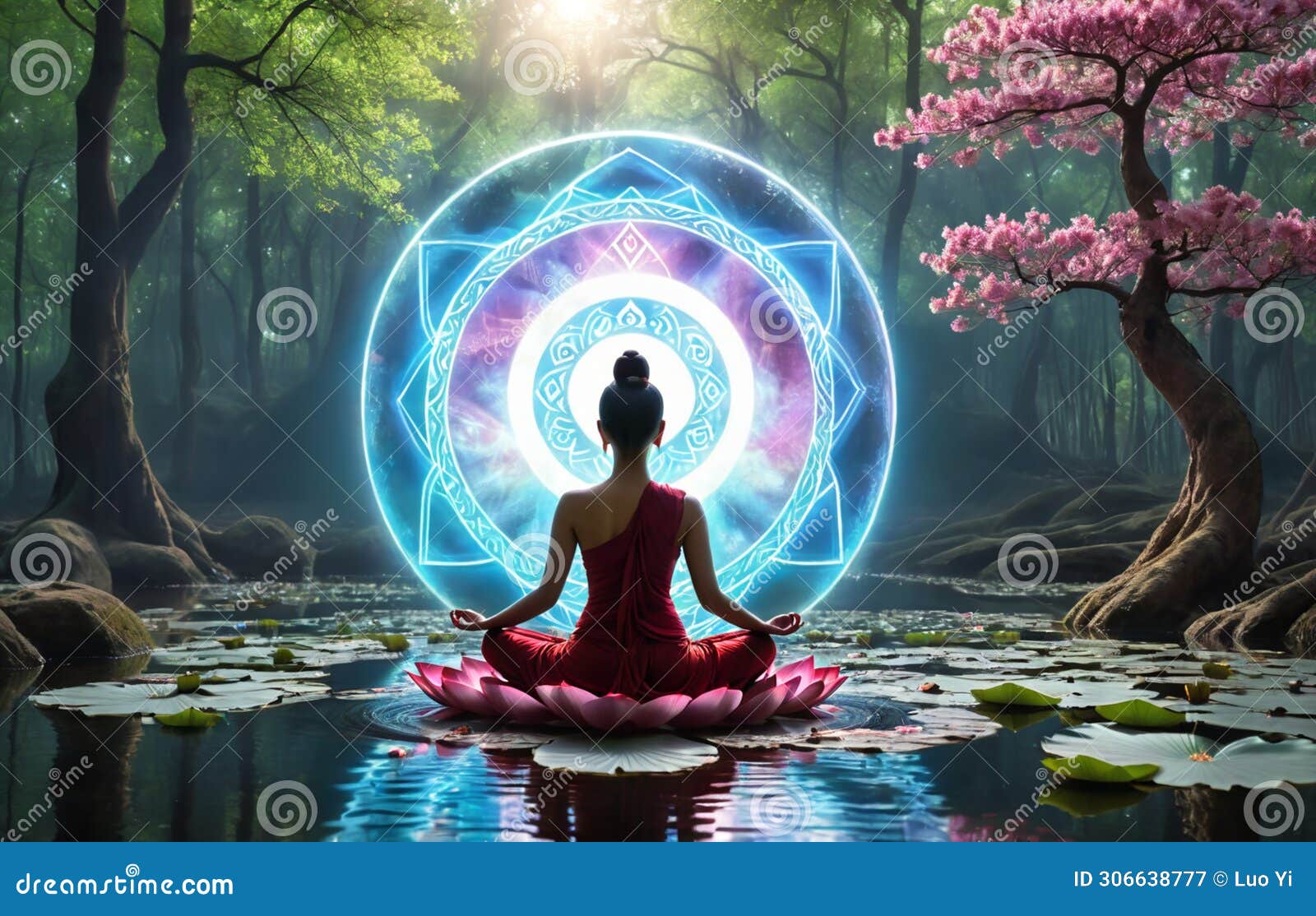 Buddha Statue in Lotus Pose Practicing Meditation in Spring Forest in ...