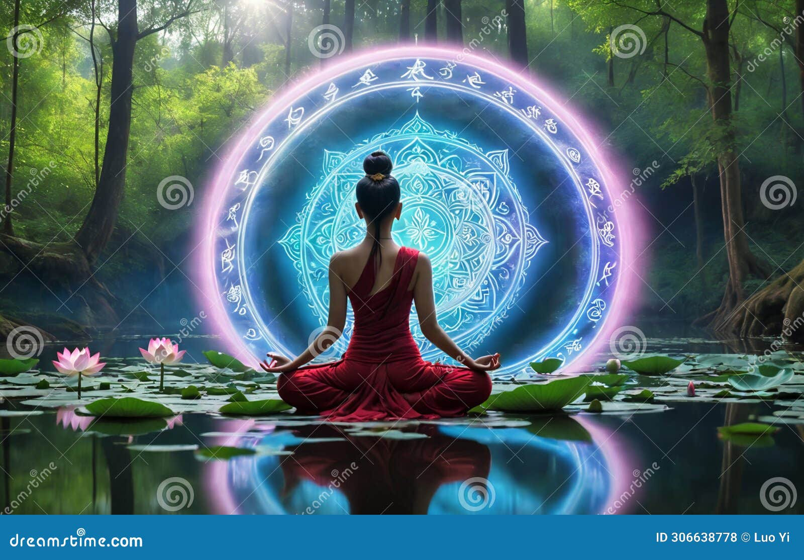 Buddha Statue in Lotus Pose Practicing Meditation in Spring Forest in ...