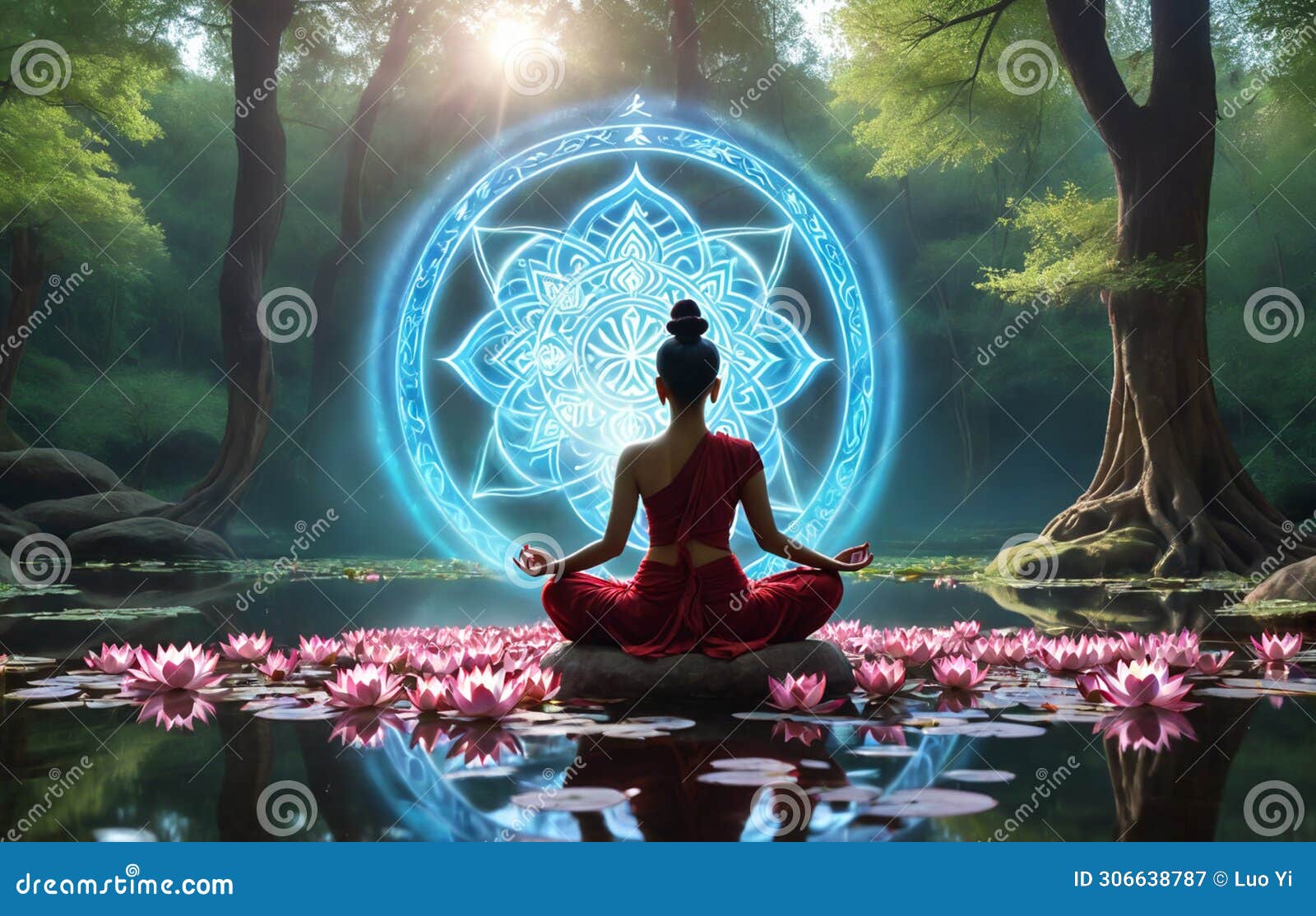 Buddha Statue in Lotus Pose Practicing Meditation in Spring Forest in ...