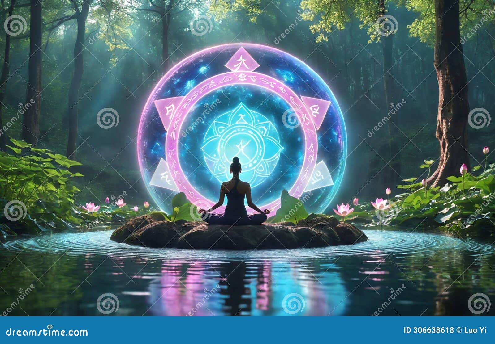 Buddha Statue in Lotus Pose Practicing Meditation in Spring Forest in ...