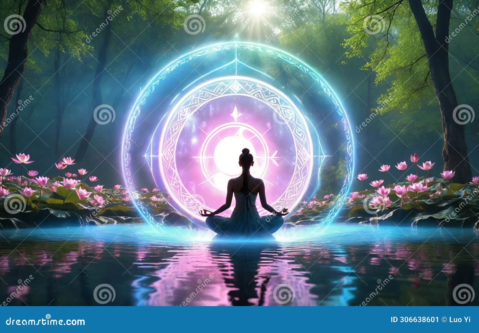 Buddha Statue in Lotus Pose Practicing Meditation in Spring Forest in ...