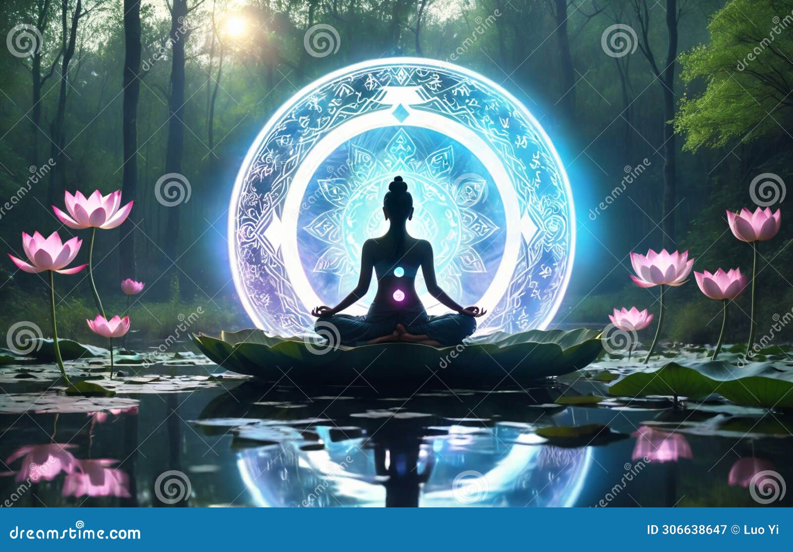 Buddha Statue in Lotus Pose Practicing Meditation in Spring Forest in ...