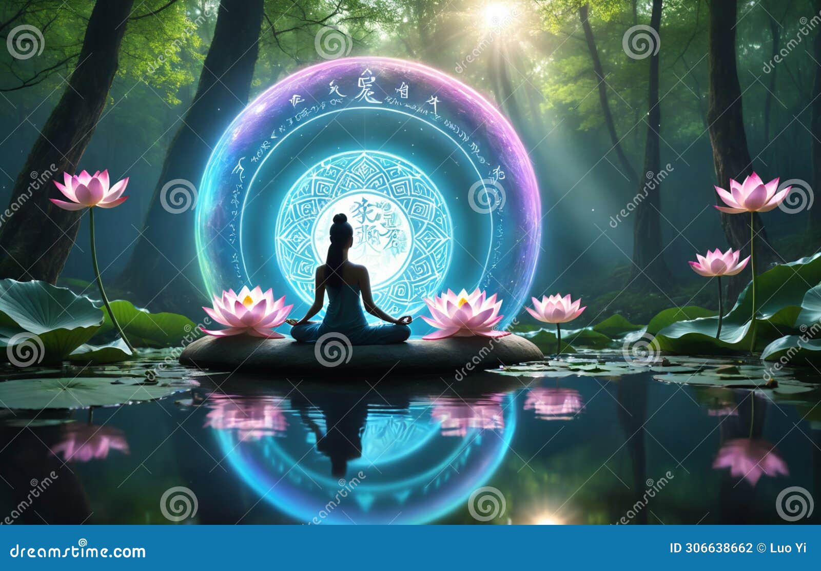 Buddha Statue in Lotus Pose Practicing Meditation in Spring Forest in ...