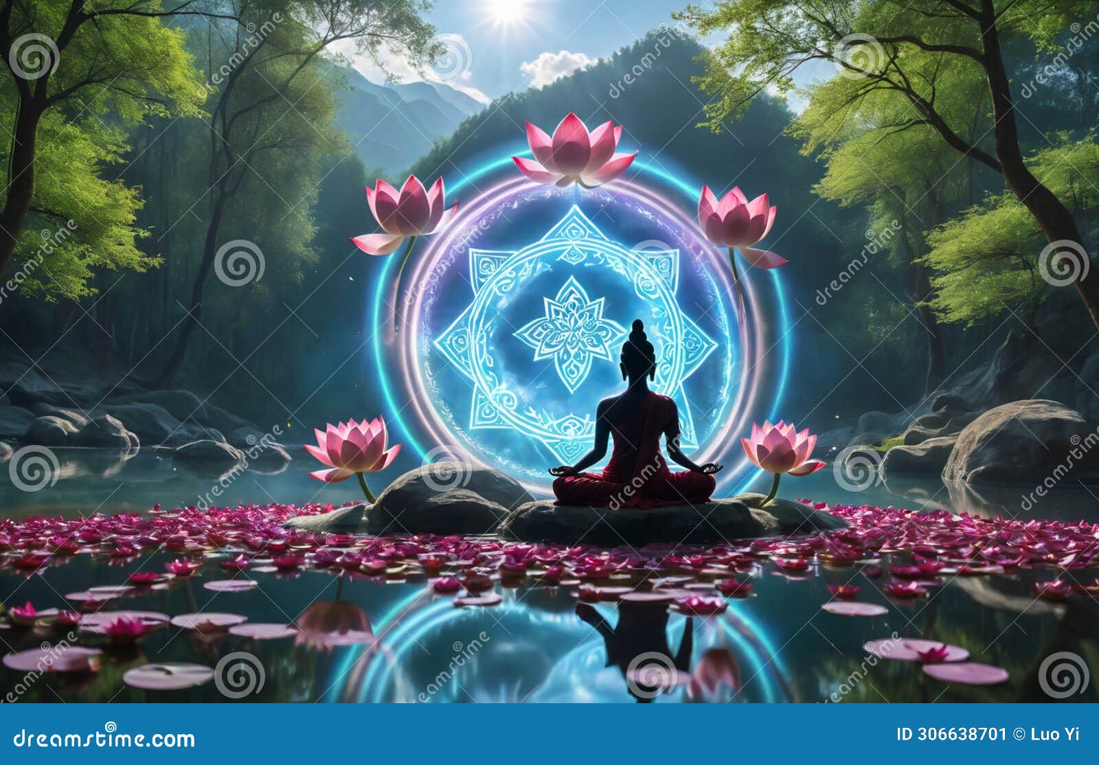 Buddha Statue in Lotus Pose Practicing Meditation in Spring Forest in ...
