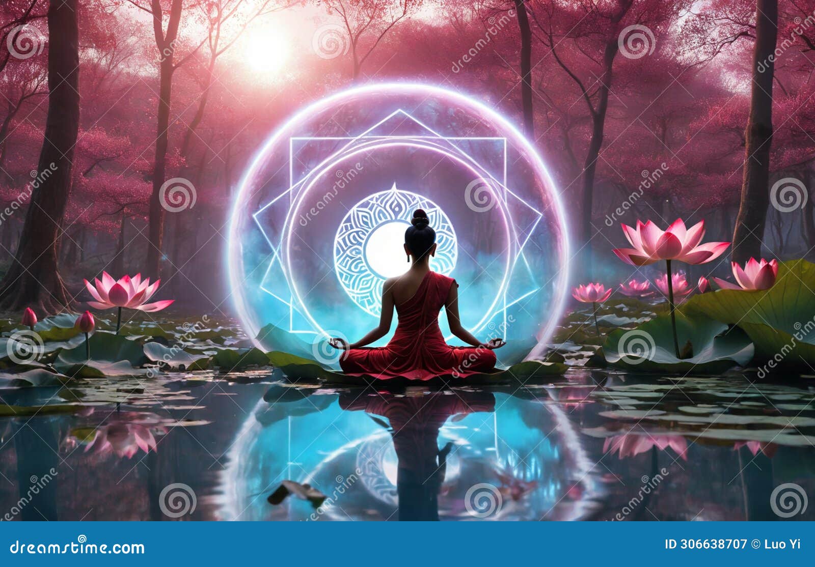 Buddha Statue in Lotus Pose Practicing Meditation in Spring Forest in ...