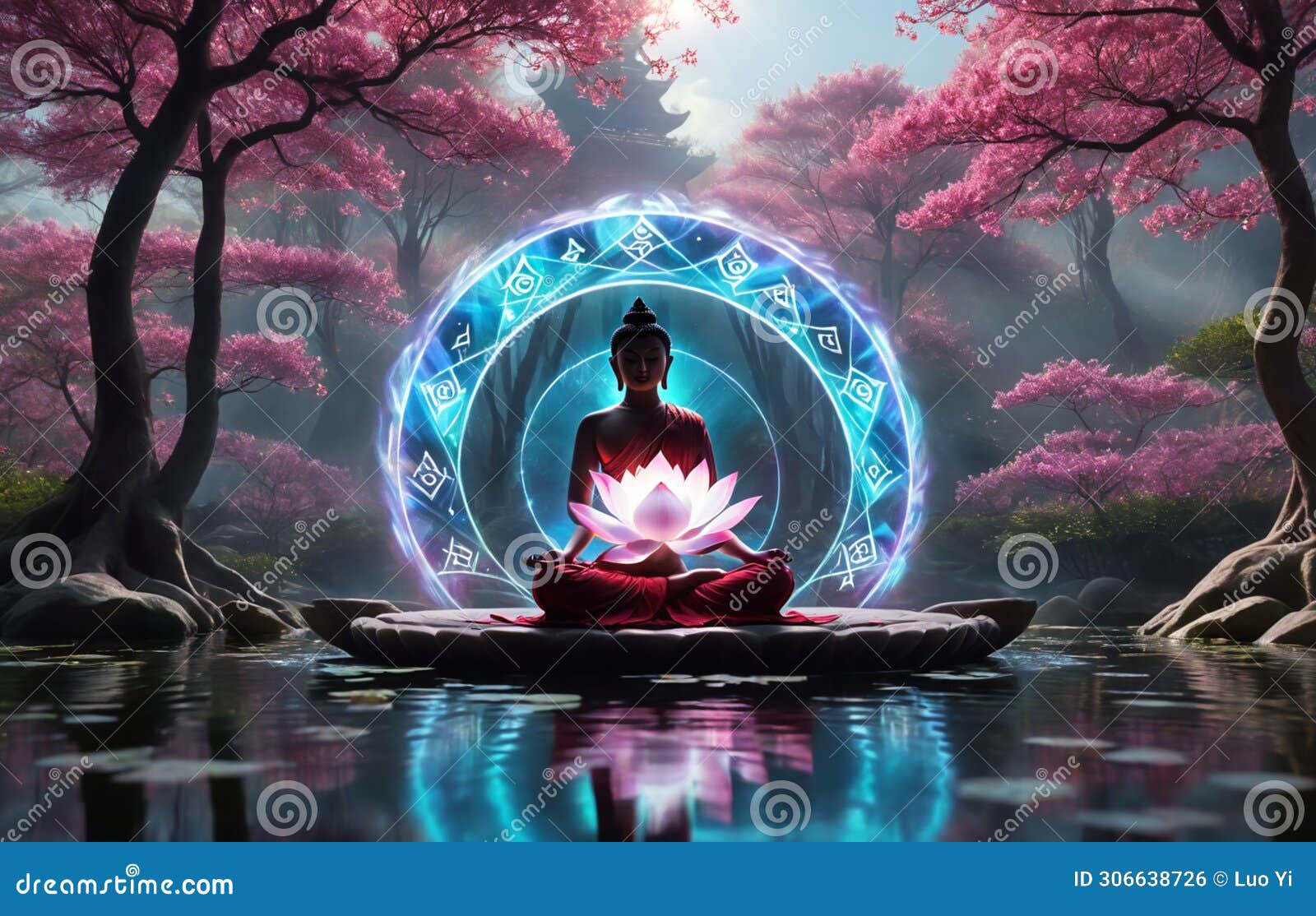 Buddha Statue in Lotus Pose Practicing Meditation in Spring Forest in ...