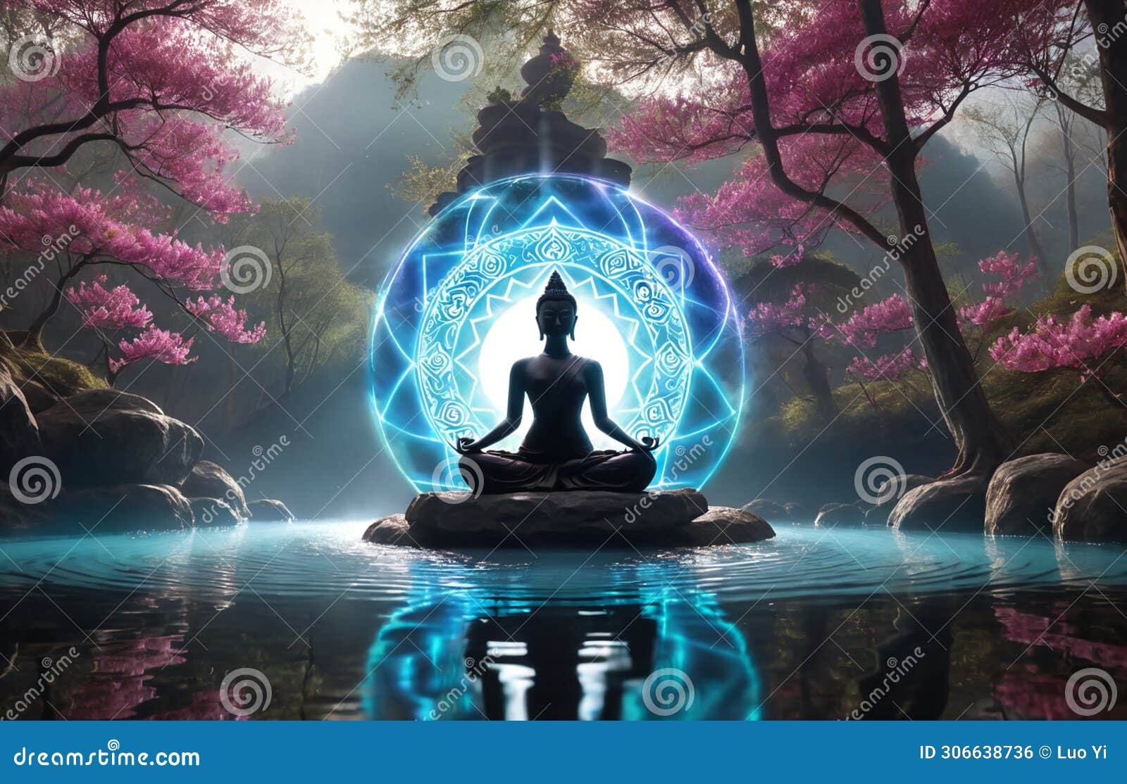 Buddha Statue in Lotus Pose Practicing Meditation in Spring Forest in ...